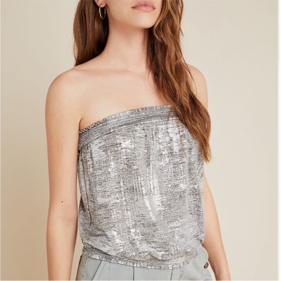 Anthropologie | Tops | Anthropologie Shimmer Metallic Silver Tube Top M ...